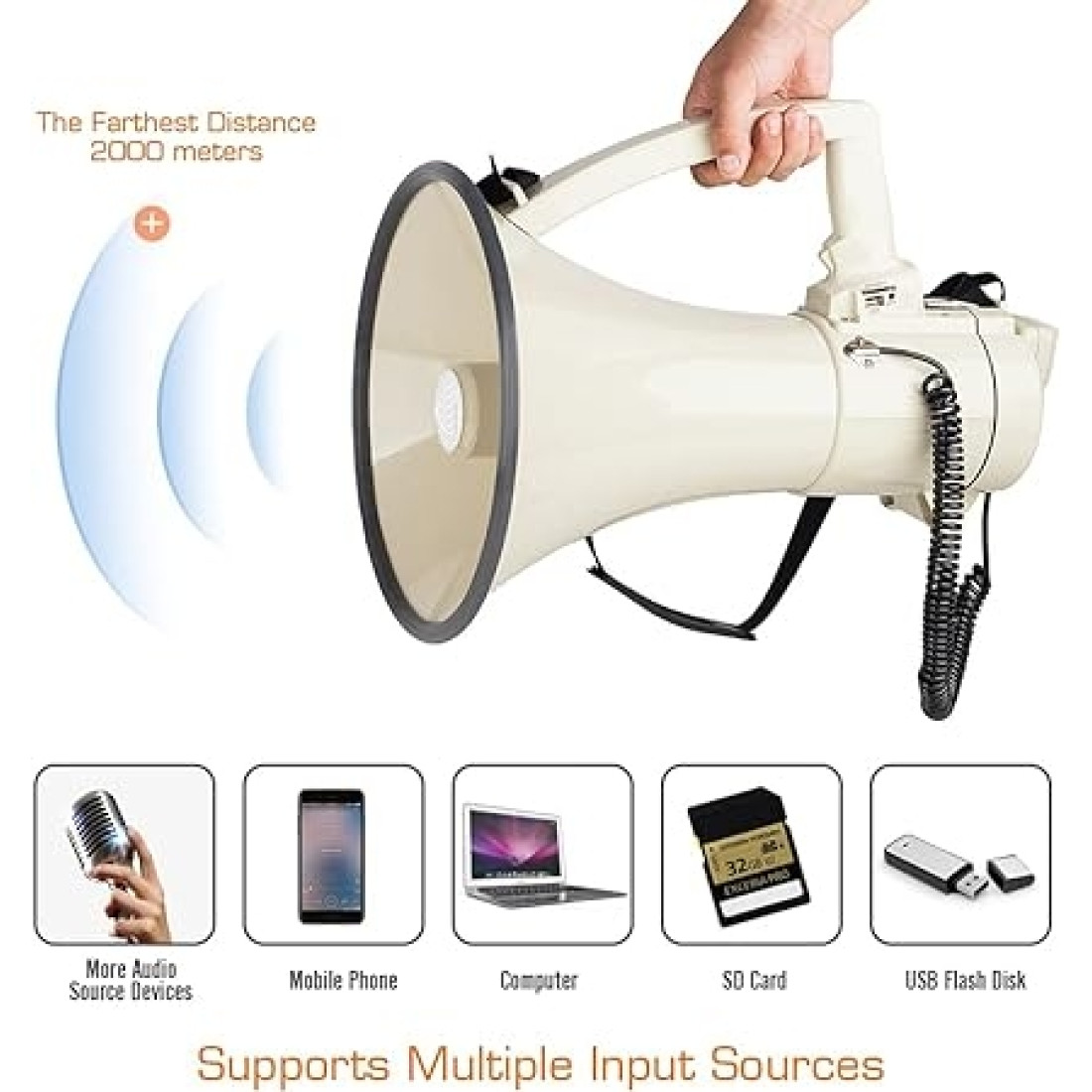 100W Megaphone with Siren, USB & SD MP3 Media Player